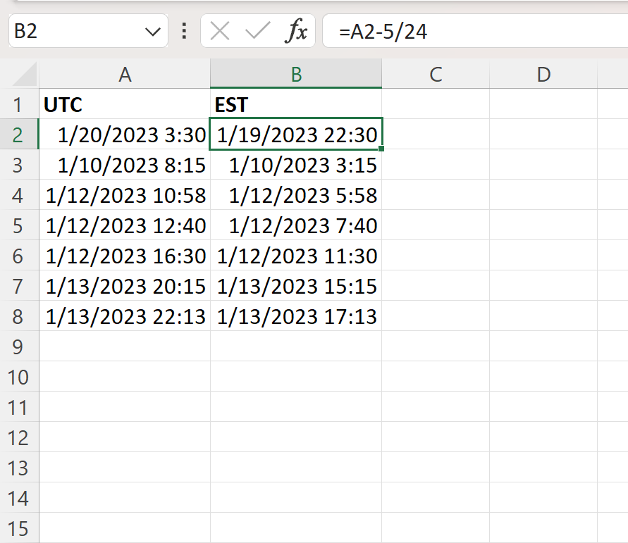 Convert UTC To EST In Excel Simple Formula 