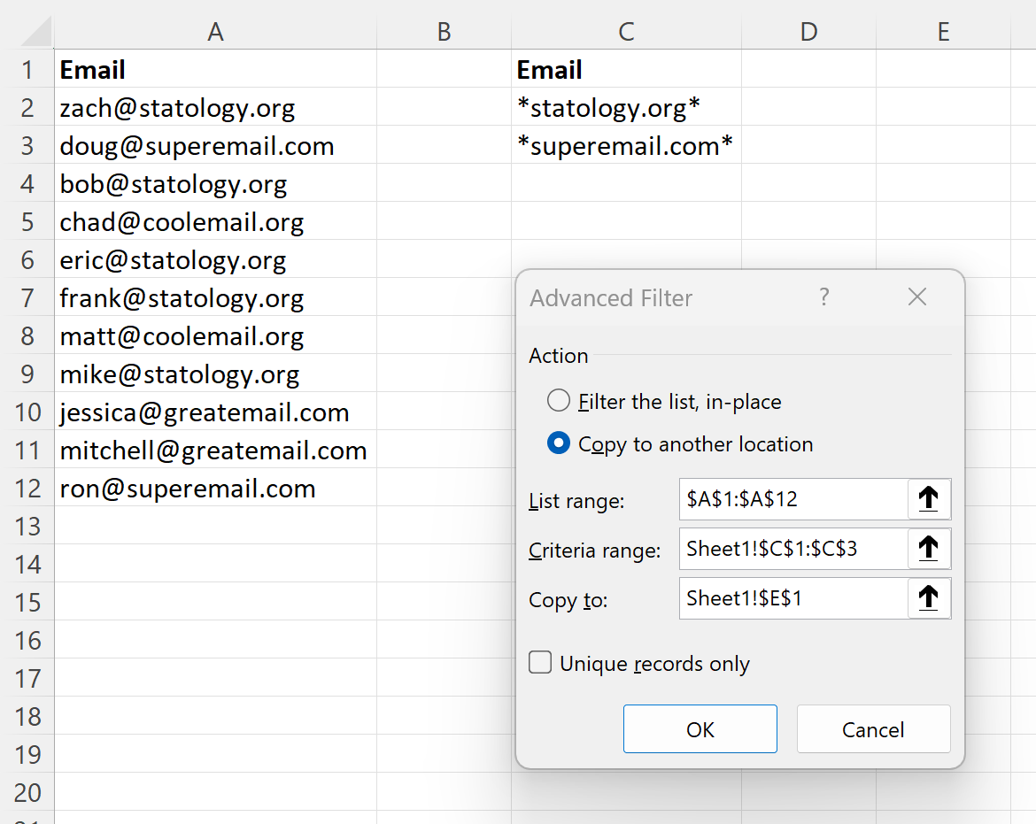 Filter Email Addresses in Excel (With Example) - PSYCHOLOGICAL STATISTICS